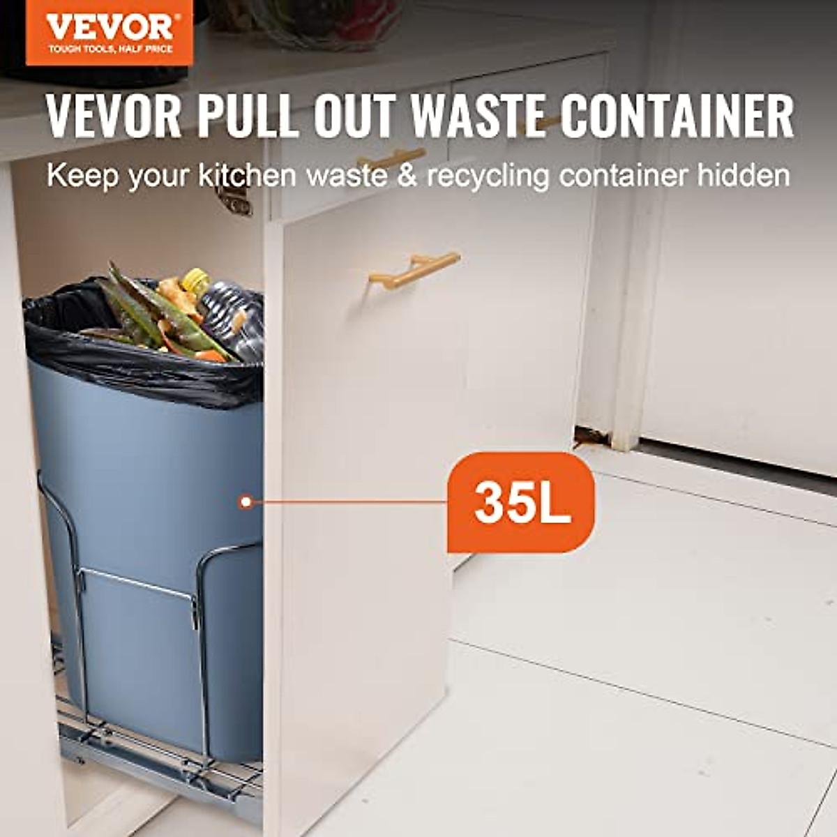 VEVOR Pull Out Trash Can, 37 Quart Recycling Bin with Silent Slide, 110 lbs Load Capacity Heavy Duty Garbage Under Mount Kitchen Waste Container for Kitchen Cabinet, Sink
