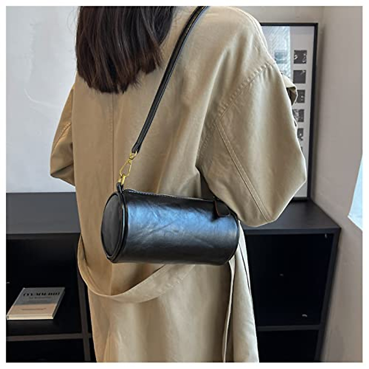 DIVCIDLC Women Cylindrical Bag, Wide shoulder strap Crossbody Shoulder Bag Purse with 2 Straps, Small Satchel Pouch Round Bag, Black