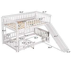 VilroCaz Twin Over Twin Low Bunk Bed with Door Openable Fence, Versatile Bunk Bed with Slide and Built-in Ladder, Solid Wood Bunk Bed Frame for Kids Teens Boys Girls (White)