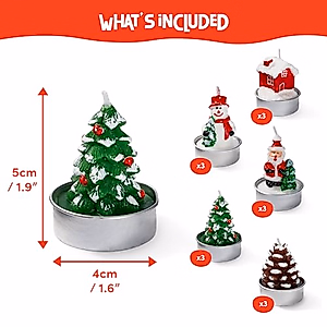 THE TWIDDLERS 15 Mini Christmas Unscented Tea Light Candles in 5 Assorted Designs (Xmas Tree, Santa, Snowman, Pinecone, Festive Home) 2.5 Hours Ideal for Home Decor, Dinner Tablle, Parties