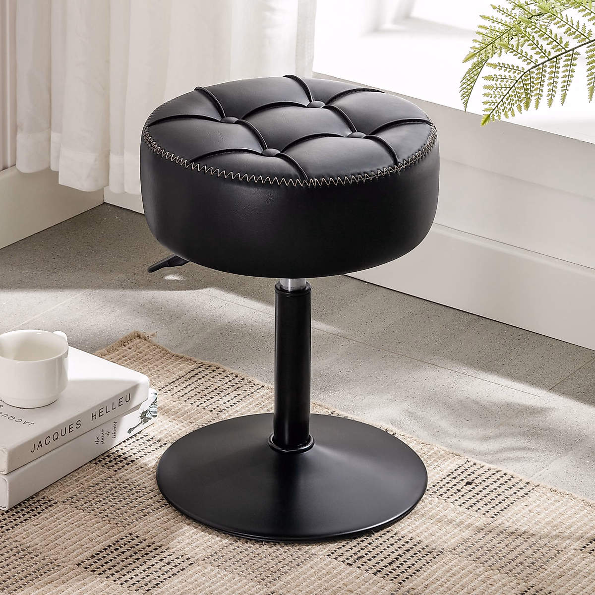 LUE BONA Adjustable Vanity Stool, 360°Swivel Vanity Chair Stool for Makeup Room, Black Stool Chair for Vanity, Small Faux Leather Vanity Stool for Bathroom, Living Room