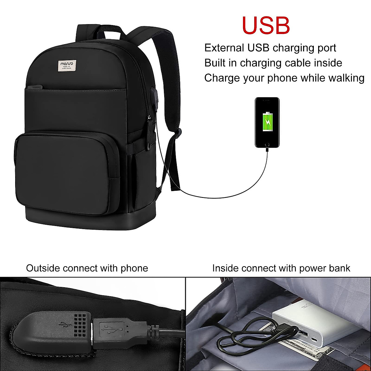 MOSISO 15.6-16 inch 20L Laptop Backpack for Women Men with USB Charging Port&Luggage Strap&Front Raised Pocket, Travel Business Polyester Anti-Theft Daypack, Black