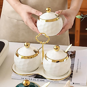 Foraineam Porcelain Condiment Pot Sugar Bowl Spice Jars with Lid, Spoon and Tray, Salt Container Spice Box Seasoning Pots, White Sugar Salt Bowls Set for Kitchen, Restaurant, Coffee Bar, Set of 3