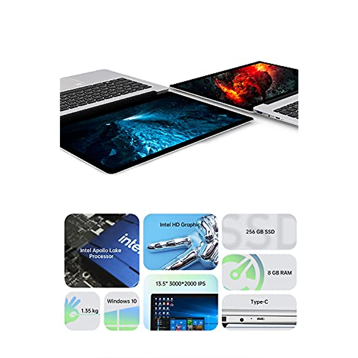 ALLDOCUBE Laptop 13.5-inch Windows 10, VBook, Intel Celeron N3450, 8GB RAM, 128GB SSD, 13.5" FHD IPS 3000x2000, 2.4G+5G Dual WiFi, Bluetooth, Type C