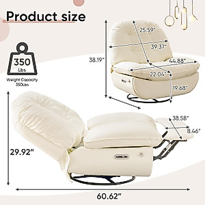 Oversized Electric Recliner Chair, 270 Swivel Rocking Glider Rocker for Adults Modern Ergonomic Lounge Chair Living Room with Phone Stand & Smart Voice Control Theater Seating, Ivory Fuax Leather