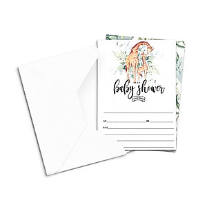 Giraffe Baby Shower Invitations Gender Neutral (25 Pack) Blank Invites for Reveal Parties – Greenery Theme Boy or Girl – Handwrite Party Details on Printed Invitation with Envelope Set 5x7