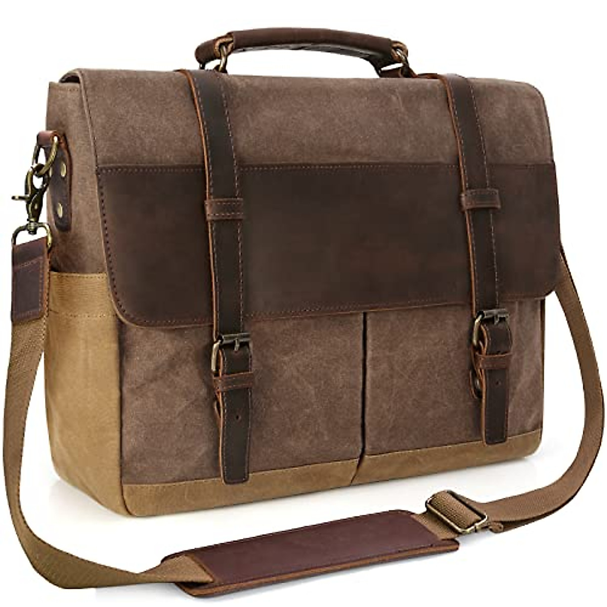 Messenger Bag for Men 15.6 Inch Waterproof Large Satchel Bag Vintage Genuine Leather Waxed Canvas Laptop Briefcase Rugged Leather Computer Shoulder Work Bag Brown