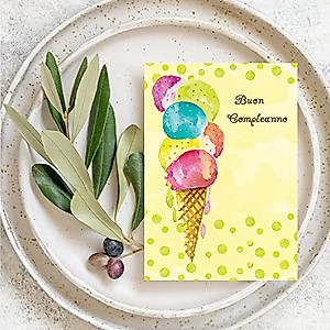 Designer Greetings Italian Language Happy Birthday Cards, Fun Colorful Ice Cream Design (Pack of 6 Cards with Green Envelopes / 6 biglietti di auguri e buste)