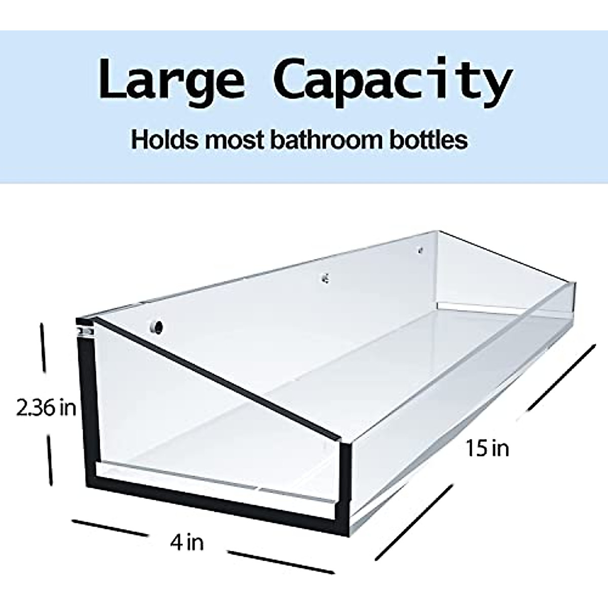 2 Pack Acrylic Bathroom Shelf with Hooks Clear Shower Shelf Wall Mounted No Drilling Thick Clear Storage Transparent Wall Mounted Display Shelving No Drilling Thick Storage Display Shelves15L*4W*2H