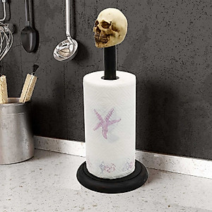 Rustic Wood Skull Paper Towel Holder Stand Up Paper Towel Holder, Easy One-Handed Tear Kitchen Paper Towel Dispenser with Weighted Base for Standard Paper Towel Rolls ,Rustic Black