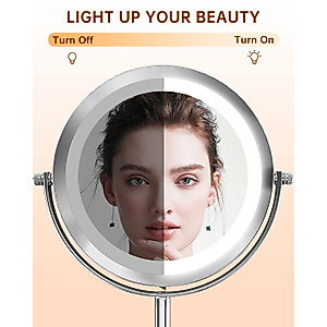1X/10x Magnified Lighted Makeup Mirror Double Sided Round Magnifying Mirror Standing 360 Degree Swivel Vanity Mirror Battery Operated 7 Inch Diameter Shaving Bathroom Mirror