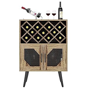 soges Wine Cabinet, 2 Doors Storage Cabinet Bar Cabinet with Cup Holders, Wine Storage Rack with 11 Bottle, Sideboard Buffet Cabinet for Dining Room, Kitchen