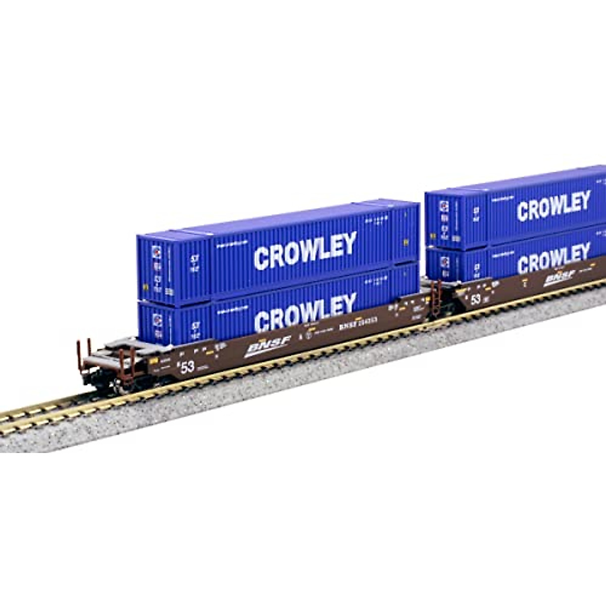Kato USA Model Train Products N Gunderson Maxi-IV 3-Unit Set BNSF Swoosh #254353 w/Crowley Logistics 53' Containers, BNSF Red