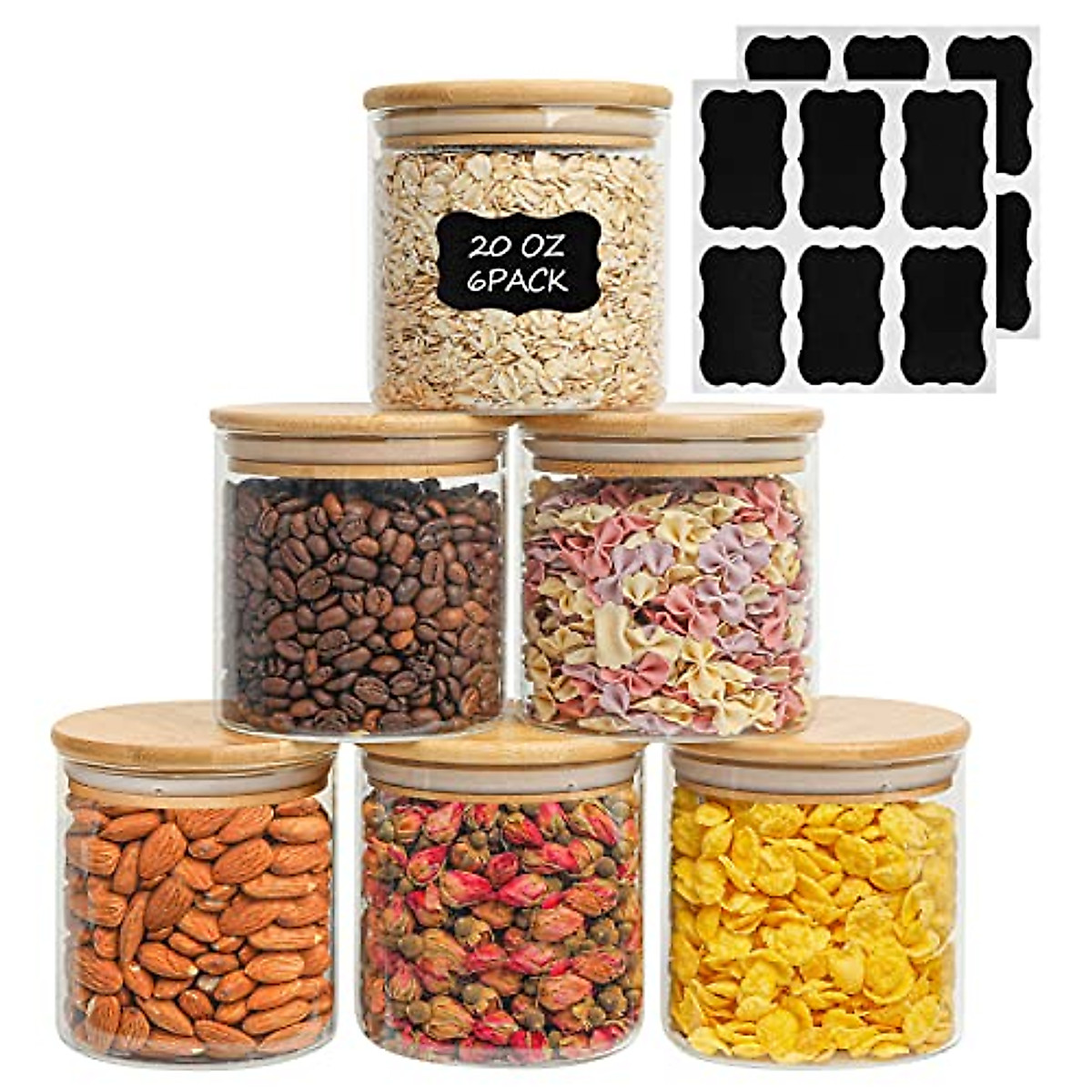ComSaf 20 oz Glass Food Storage Jars Set of 6, Clear Storage Containers with Airtight Bamboo Lid, Pantry Organization Jar, Spice, Blooming Tea, Coffee and Sugar Container, Canister Set for Kitchen