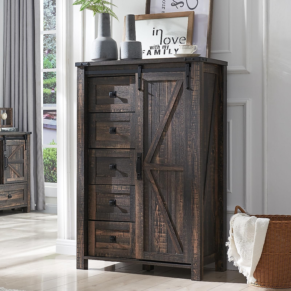 T4TREAM 5 Drawers Dresser for Bedroom w/Sliding Barn Door, Farmhouse Modern Tall Dresser 5 Chest of Drawers, Storage Organizer Dresser for Bedroom, Hallway, Living Room, Kids Room, Dark Rustic Oak