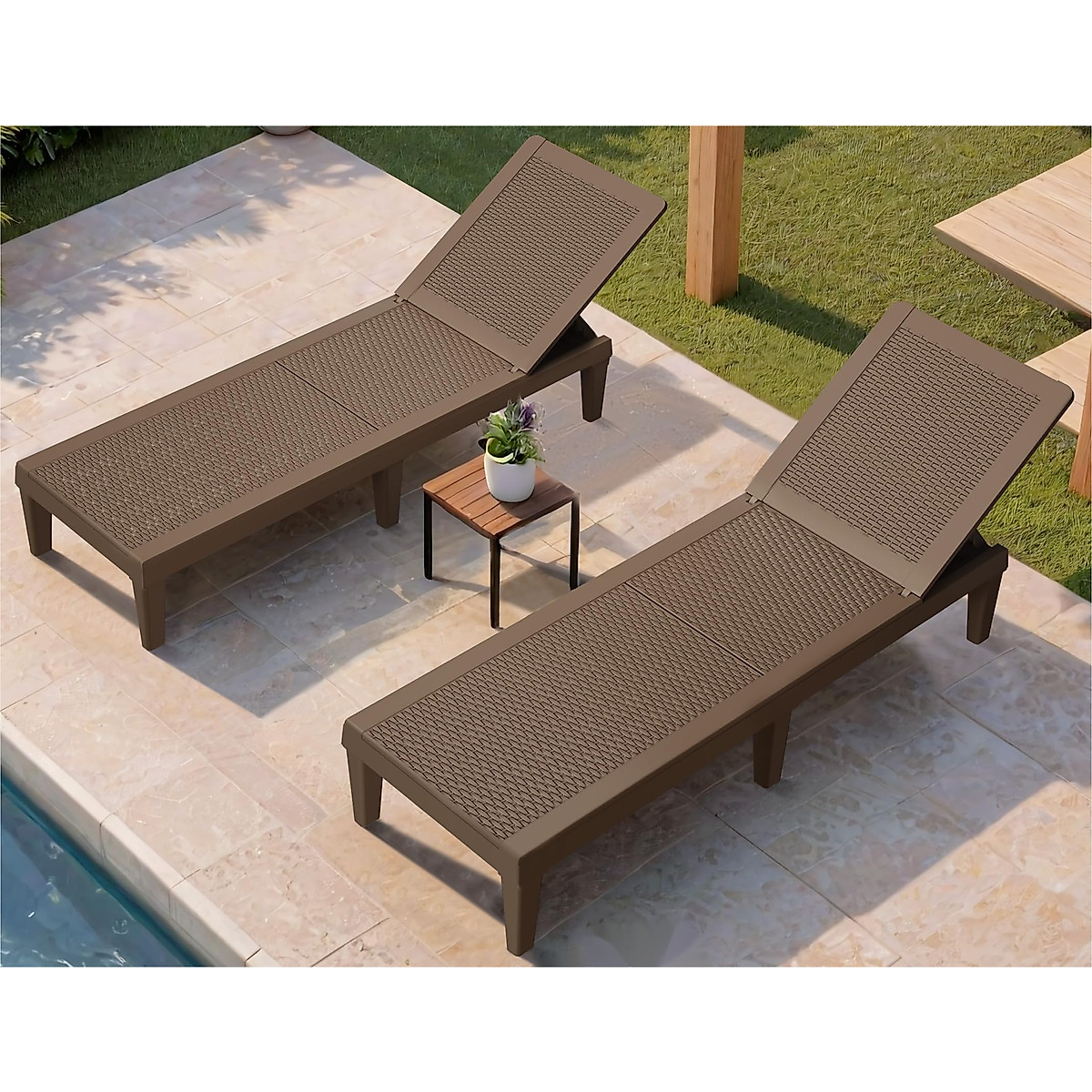 Greesum Outdoor Chaise Lounge Chairs Set of 2 with 5-Position Adjustable Backrest, Waterproof PE Sun Loungers for Garden Pool Beach Patio Deck Sunbathing, Dark Brown