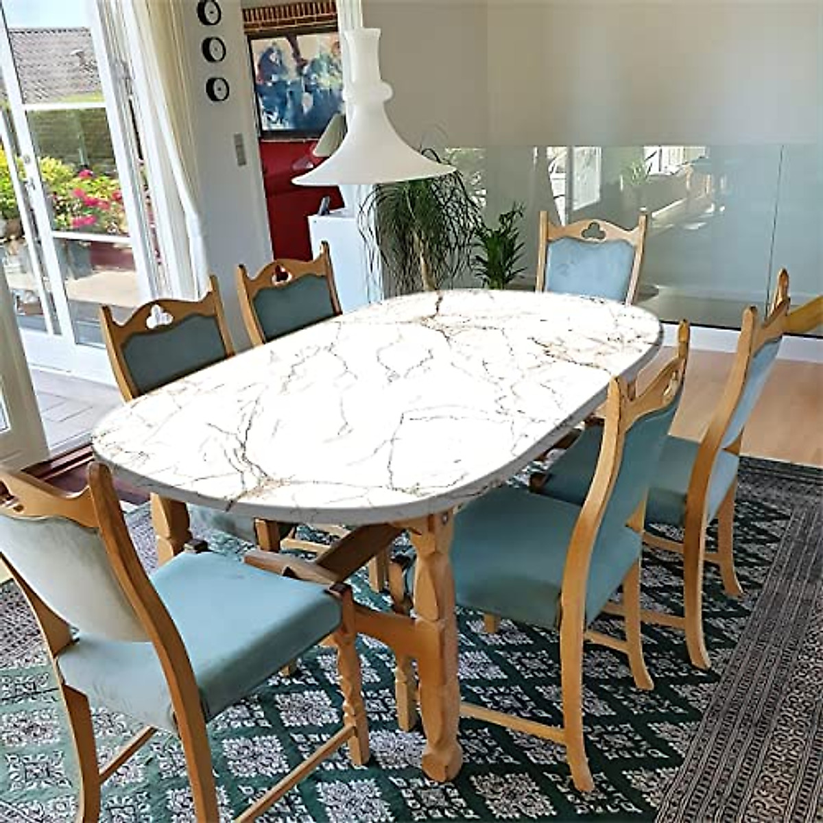 Black White Marble Texture Oval Fitted Tablecloths Polyester Elastic Edge Table Cover for Indoor Kitchen Dining Room or Outdoor Picnic Party Dining Tables Decoration Fits Tables up to 48" x 68"