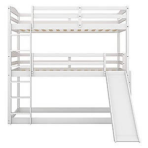 KoiHome Twin Over Twin Over Twin Adjustable Triple Bunk Bed with Slide & Two Ladders, Full-Length Guardrail & Solid Slat Support, Space-Saving for Kids Teens Bedroom, No Box Spring Needed, White