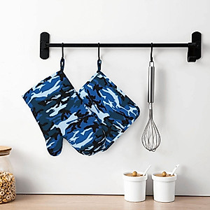 Blue Camo Silicone Oven Mitts Pot Holder Sets 2pcs Cute Design Washable Non Slip Kitchen Heat Resistant Mat Women's Cooking Gloves for Baking and BBQ Wear