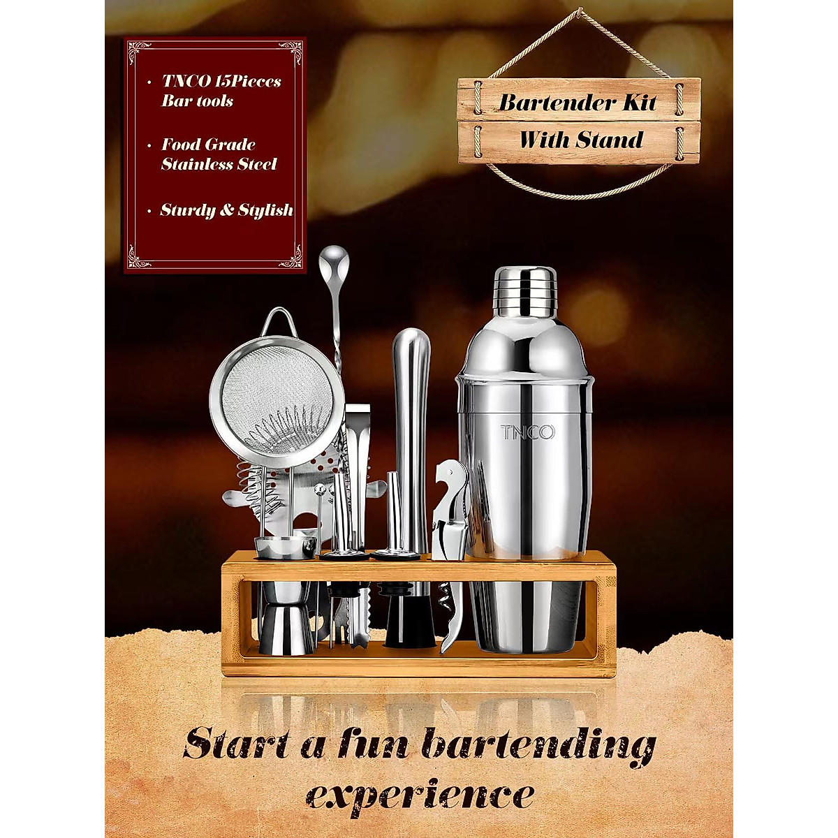 Bartender Kit, TNCO Cocktail Shaker Set with Stand,Bar Set Drink Mixer Set with All Essential Bar Accessory,Martini Mixer Cup with Muddler,Jigger, Strainer,Ice Tongs,Spoon,Liquor Pourers,Ice Filter