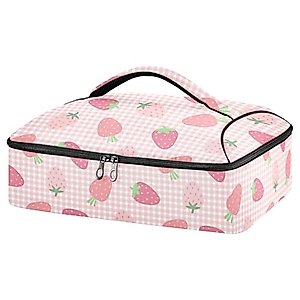 Kcldeci Insulated Thermal Food Carrier Insulated Casserole Carrier for Hot or Cold Food,Strawberry on Checkered (2) Insulated Tote Bag for Potluck Cookouts Parties Picnic,Lasagna Lugger