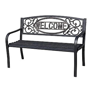 Four Seasons Courtyard Welcome Outdoor Park Bench Powder Coated Steel Frame Furniture Seat for Backyard Garden, Front Porch, or Walking Path, Black
