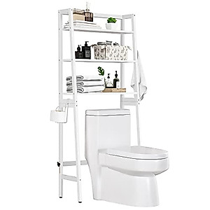 MallKing Over The Toilet Storage, Wooden 3-Tier Over-The-Toilet Rack Bathroom Space Saver Organizer, Freestanding Above Toilet with Toilet Paper Holder and Hooks (White)