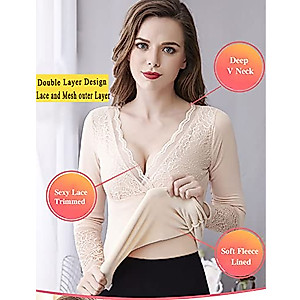 Flygo Womens Thermal Fleece Lined Cotton Underwear Lace Long Sleeve V-Neck Top (Large, 02 Nude)