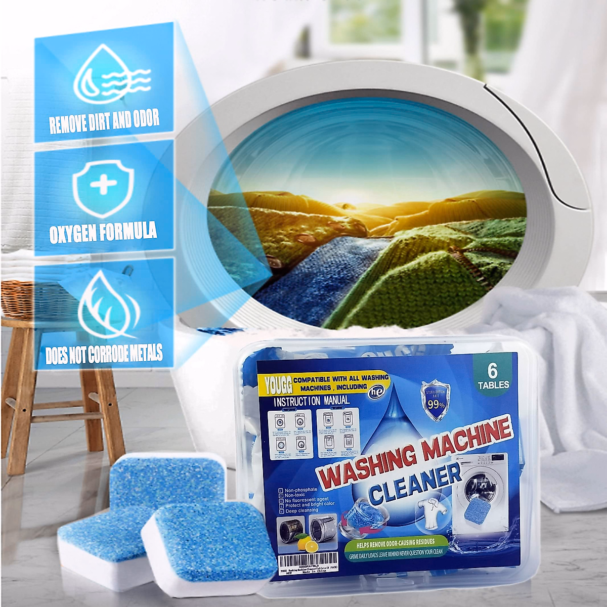 YOUGG Washing Machine Cleaner Tablets（6 Pack,Fresh Solid Washer Deep Cleaning Tablet,For HE, Front Loader&Top Load Washers