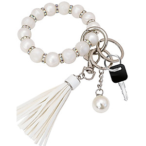 Panny & Mody Silicone Key Ring Bracelet Wristlet Keychain with Silver Bling Zircon & Leather Tassel for Women Gift (Pearl)