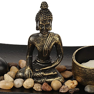 Buddha Statue Zen Garden Buddha Statue Tabletop Buddhism Feng Shui Ornament with Bronze Tealight Candle & Incense Burner Holder for Home Office Yoga Room Decoration