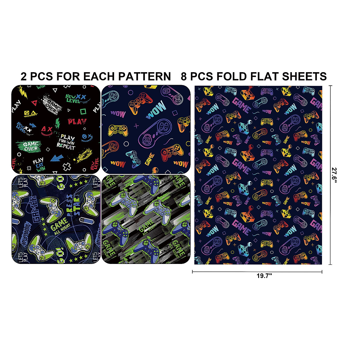 Sikiweiter Gaming Wrapping Paper - Video Game Wrapping Paper, 8 Sheets Birthday Christmas Wrapping Paper for Boys Girls, 19.7 x 27.6 Inches Per Sheet