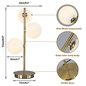 Fulesi Mid Century Globe Table Lamp Modern 3 Lights Gold Desk Lamp Contemporary White Glass Globe Reading Lamp for Bedroom Living Room Study Room (White)