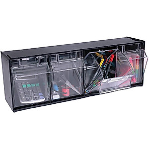deflecto Tilt Bin Interlocking Multi-Bin Storage Organizer, 4 Sections, 23.63" X 6.63" X 8.13", Black/Clear
