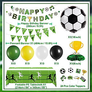 Homarkable Soccer Party Decorations, 91 Pcs Soccer Birthday Decorations Party Supplies with 24 Pcs Soccer Cake Toppers, Soccer Balloons, Tablecloth (84” x 55’) Happy Birthday Banner and Centerpiece