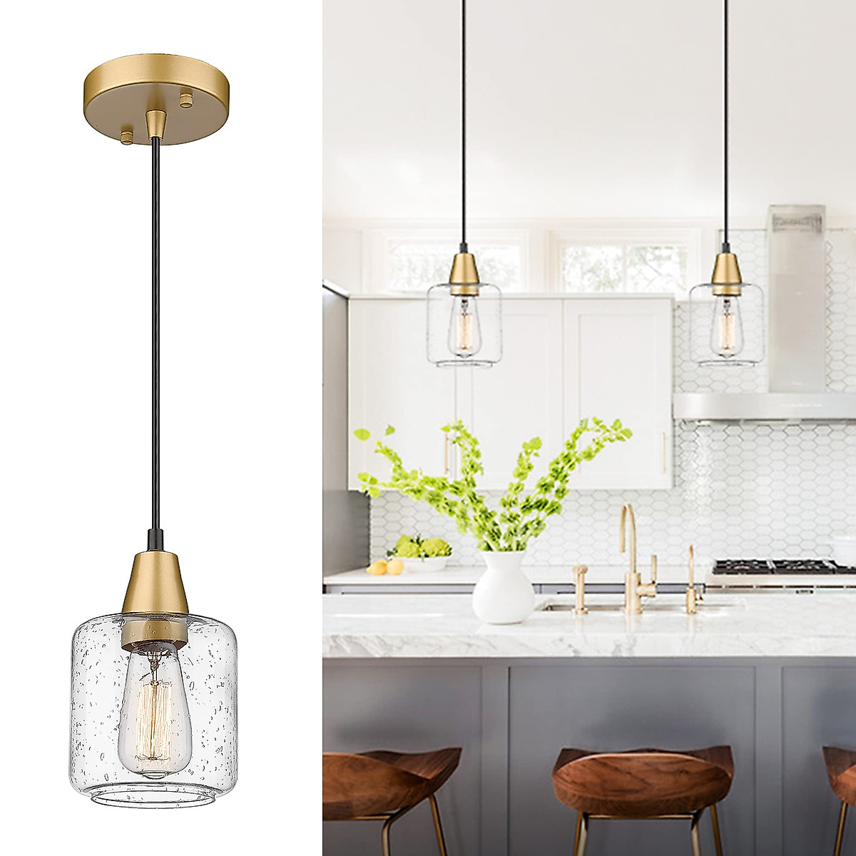 FOITTON Gold Pendant Light Fixtures, 1-Light Hanging Light Fixtures with Seeded Glass Shade, Adjustable Height, Modern Pendant Lighting for Kitchen Island Dining Room