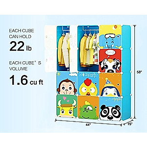 JYYG Kids Dresser Kid Clothes Storage Organizer Baby Dresser Kid Closet Baby Clothes Storage Cabinet for Kids Room Baby Wardrobe Toddler Closet Childrens Dresser (Blue, 8 Cubes 2 Hanging Sections)