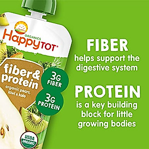 Happy Tot Organics Stage 4 Baby Food Pouches, Gluten Free, Vegan Snack, Fiber & Protein Fruit & Veggie Puree, Pears, Kiwi & Kale, 4 Ounce (Pack of 1)