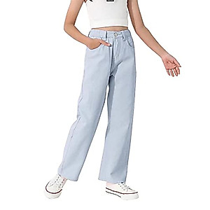 thefabland Girls Casual Denim Pants High Waisted Wide Leg Jeans with Pocket Light Blue