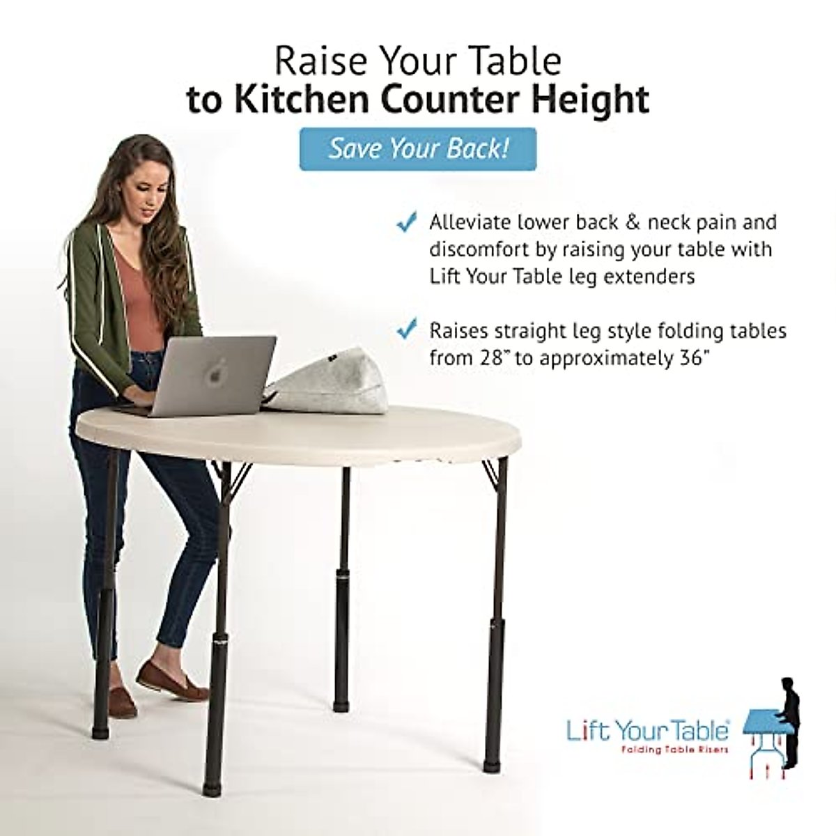 Lift Your Table® Folding Table Risers, Easy-to-Use Straight Leg Folding Table Extensions, Counter Height, Raises Folding Tables 8” Inches. Durable, Sturdy. Set of 4, Black, Made in The USA