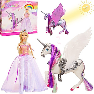 Sparkle Unicorn and Fairy Tale Princess Doll, W/ Crystal Comb and Fairy Stick, Girls' Unicorn Doll Toys Gifts, Presents for Girl Kids Aged 3+ (Pink Unicorn Purple Dress)