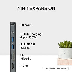 Plugable 7-in-1 USB C Hub Multiport Adapter with Ethernet Driverless Compatibility with Mac, Windows, iPhone 15, Chromebook, USB4, Thunderbolt, 100W Charging, Ethernet, 4K60Hz HDMI, 2X USB, SD/microSD