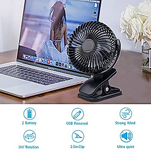 WANGDAJIEDIAN Portable Clip on Fan, 4 Speeds 360° Rotation Personal Clip Fan, 20 Hours Work Time, Quiet USB Stroller Fan Small Desk Fan for Office, Bed, Treadmill, Car, Outdoor Camping, Golf(Black)