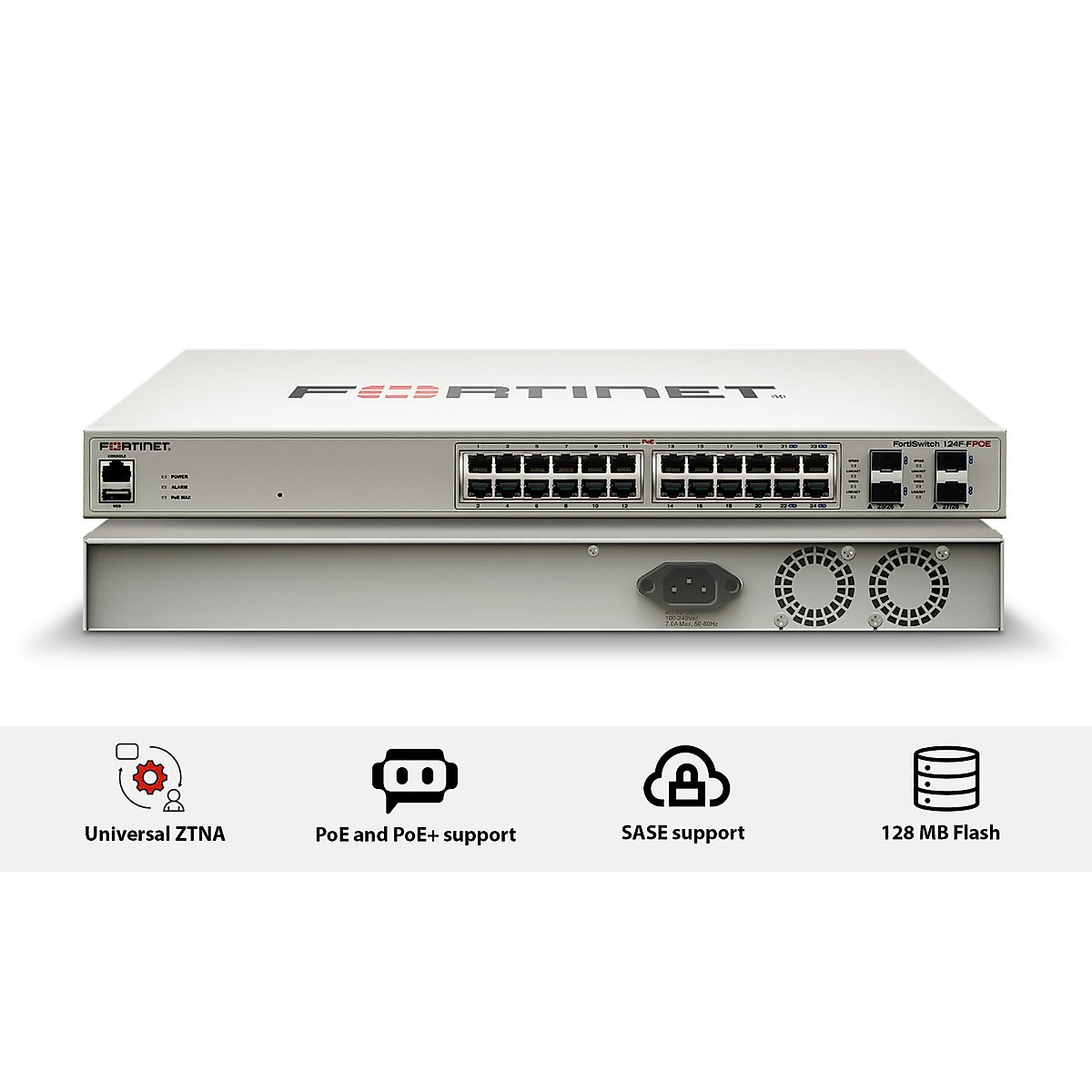 FORTINET FortiSwitch 124F-FPOE - FS-124F-FPOE, L2+ Managed POE Switch with 24GE + 4SFP+, 24port POE. Rack Mountable