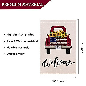 LHSION Welcome Red Truck Garden Flag 12.5 x 18 Inch Sunflowers Decorative Double Sided Burlap Flag for Summer Fall Decoration