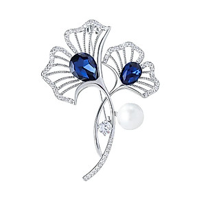 EMEGCY Ginkgo Leaf Brooch for Women Blue Crystal Ginkgo Brooch Pearl Ginkgo Biloba Booch Jewelry Birthday Gift for Wife Mom