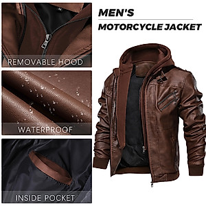 JYG Men's Faux Leather Jacket Stand Collar Motorcycle Bomber Jackets with Removable Hood (Brown,M)