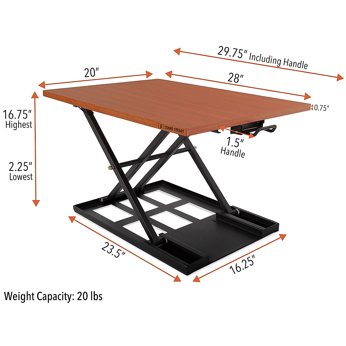 Stand Steady X-Elite Pro, Ergonomic Adjustable Height Standing Desk Converter for Home or Office, Easy Lift Sit to Stand Laptop Desk Riser for Laptop and Computer Monitor (Cherry, 28in x 20in)