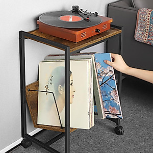 smusei Record Player Stand Industrial Record Player Table with Album Storage Shelf, Turntable Stand with Wheels Vinyl Record Holder Cabinet for Living Room Office, Rustic Brown