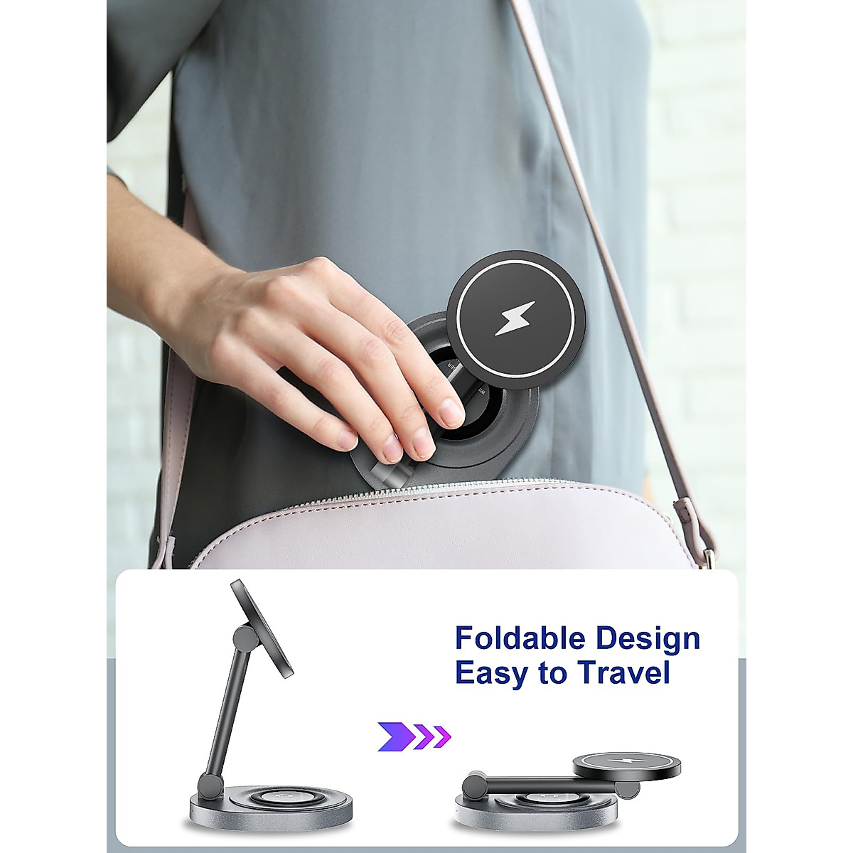 2 in 1 Foldable Magnetic Wireless Charger, 15W Fast Charging Mag-Safe Charger Stand for iPhone 15/14/13/12 Series, Portable Wireless Charging Station for AirPods 3/Pro/2 (with QC3.0 Adapter)